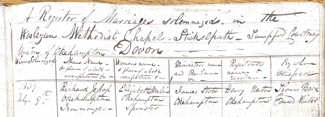 Methodist Marriages and Sticklepath – Sticklepath a Village and its People